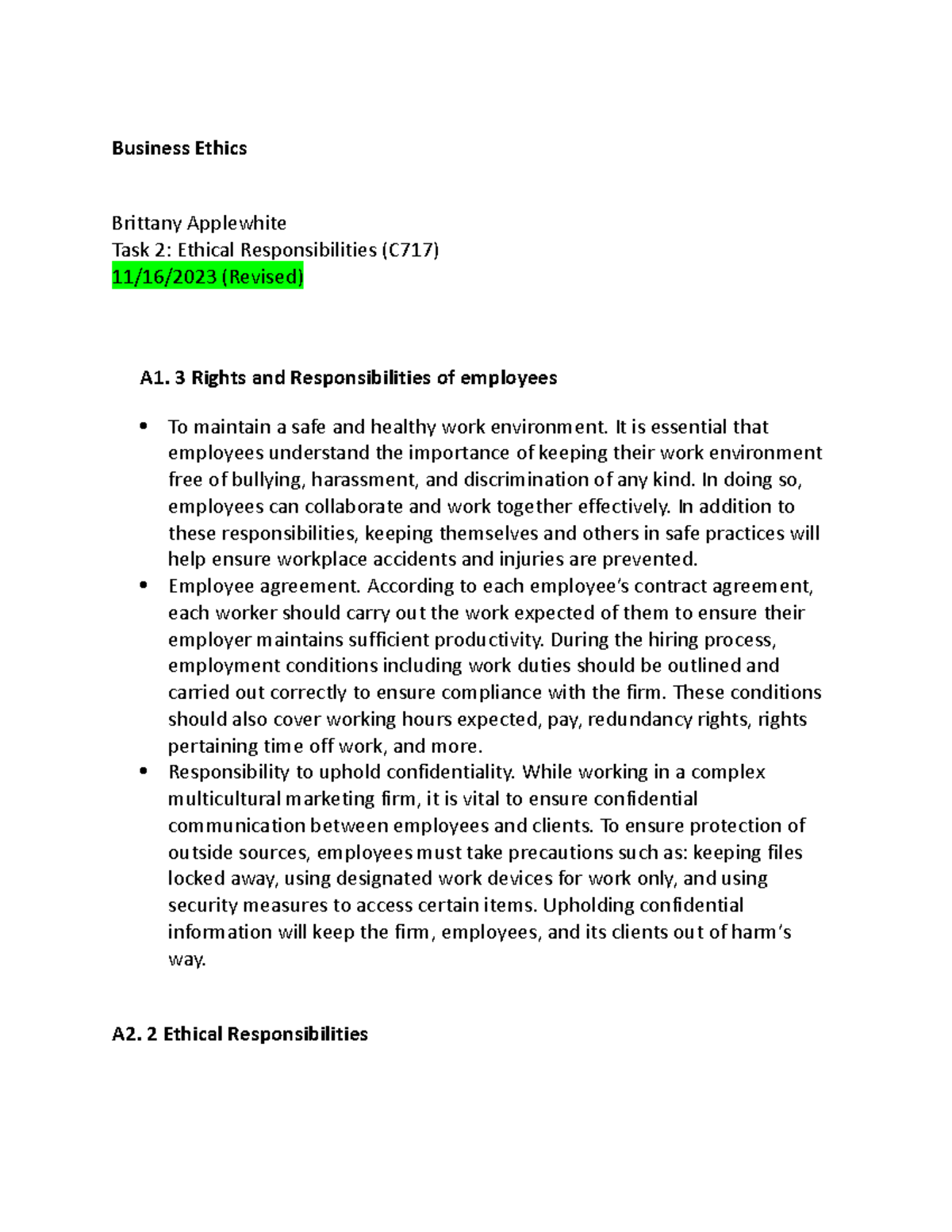 Business Ethics Task 2: Ethical Responsibilities Overview (C717) - Studocu