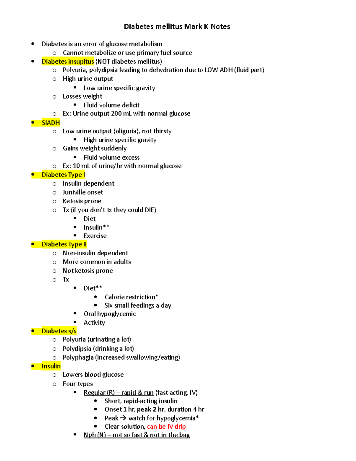 Diabetes Mellitus Notes - Mark K Overview for Nursing Students - Studocu