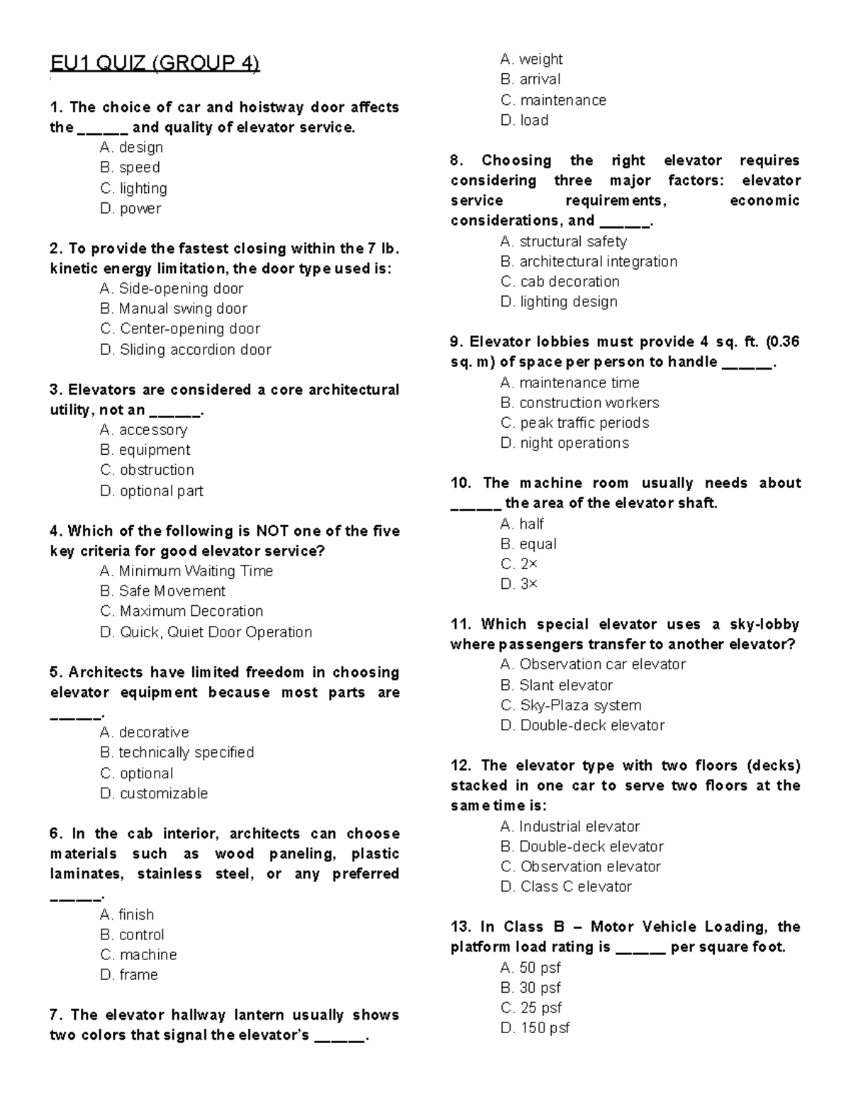 EU1 QUIZ (GROUP 4) - Elevator Systems Review - Studocu
