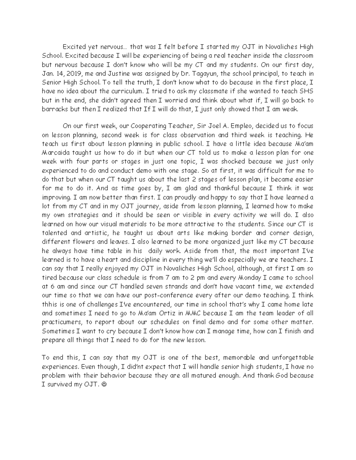 Reflection on OJT Experience in Senior High School - Sandra Ref - Studocu