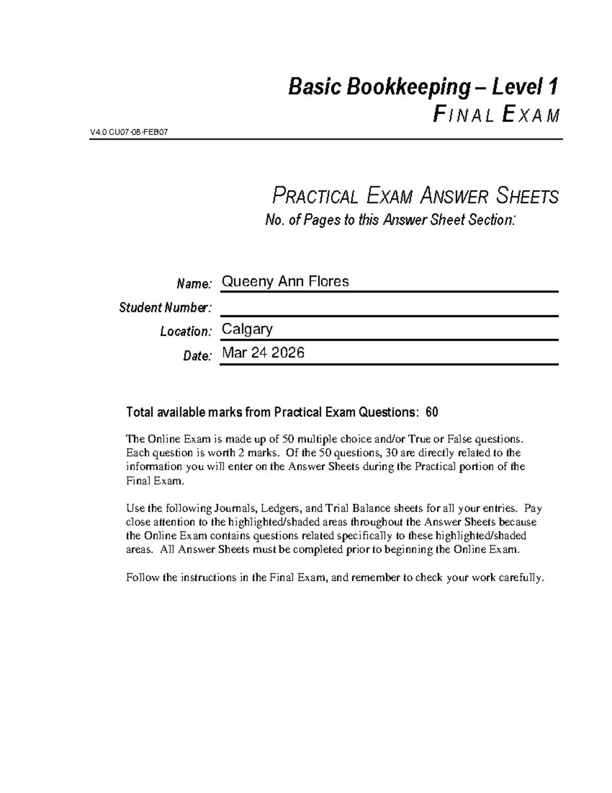 Basic Bookkeeping Level 1 FINAL EXAM Practical Answer Sheets - Studocu