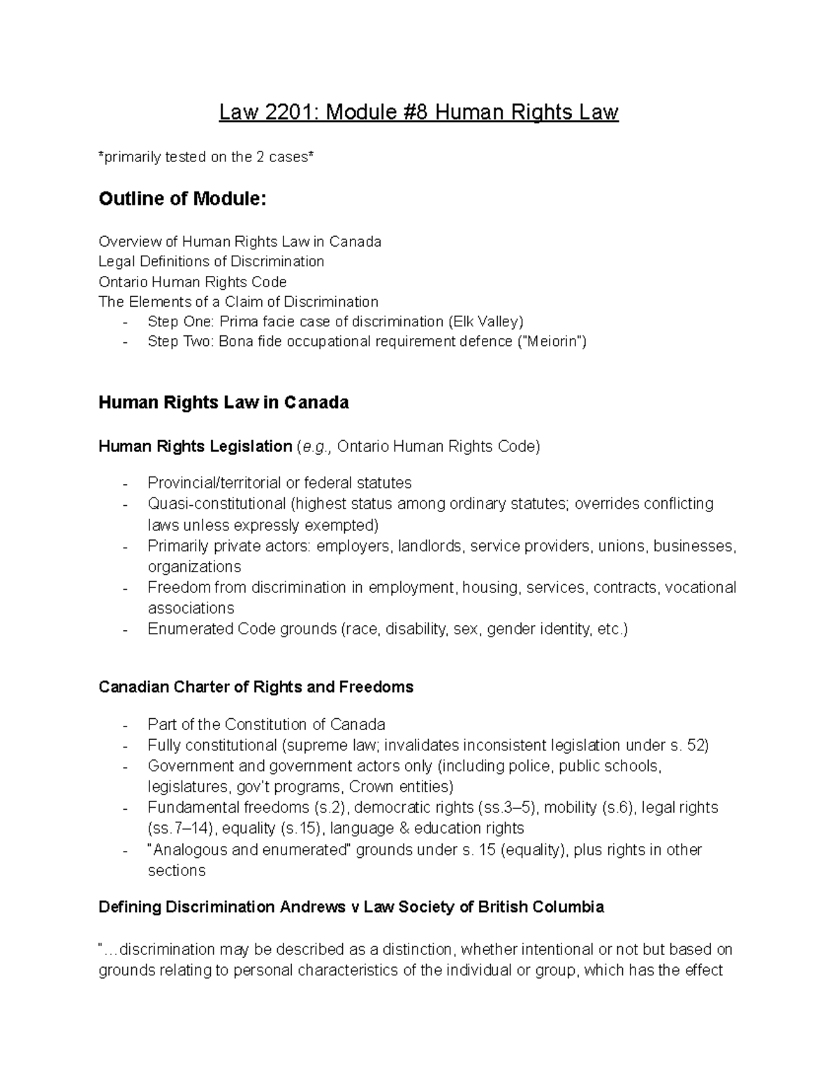 Law 2201: Human Rights Law Overview and Discrimination Claims Analysis ...