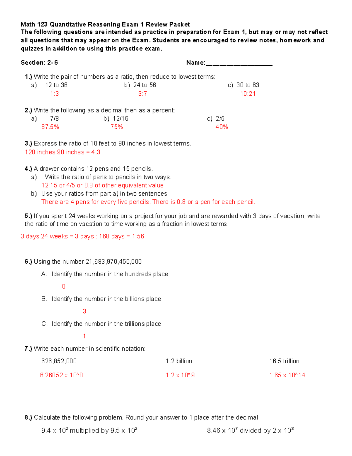 Practice Test 1 with answer key - Math 123 Quantitative Reasoning Exam ...