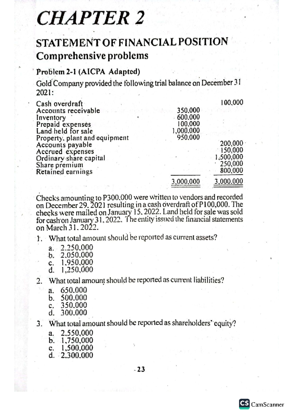 CH2 - Comprehensive Problems on Financial Position Statements - Studocu