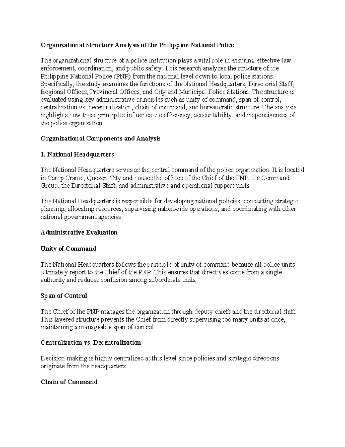 Organizational Structure Analysis of the PNP: A Comprehensive Study ...