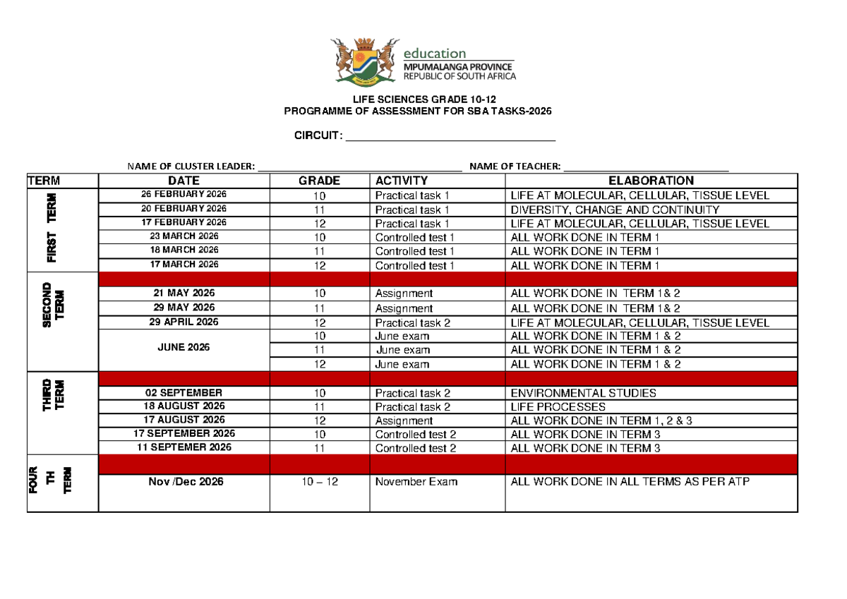 Life Sciences Assessment Programme 2026: Grades 10-12 Overview - Studocu