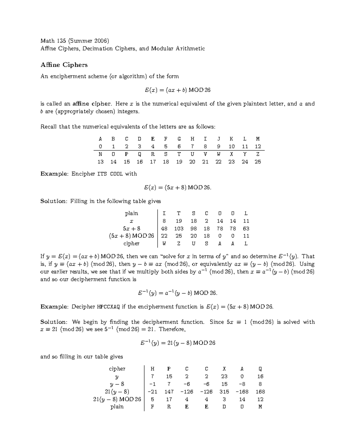 Math 135 - Affine and Decimation Ciphers Overview - Studocu