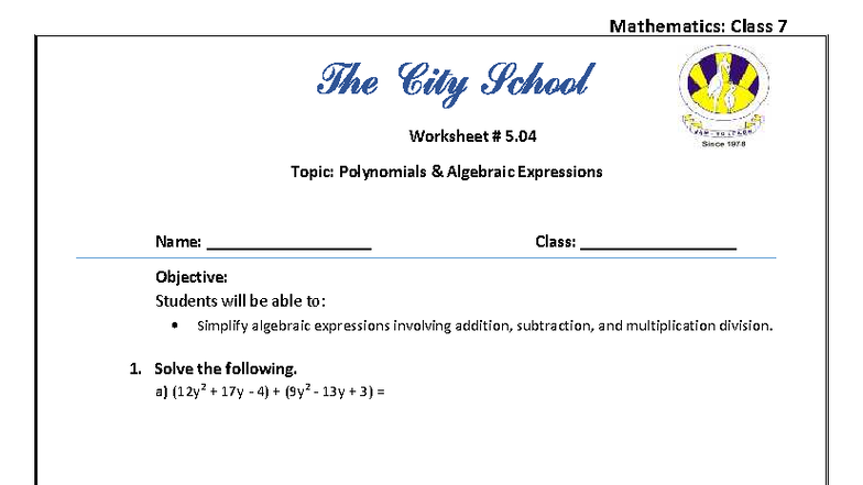 Mathematics: Class 7 Worksheet 5.04 - Polynomials & Algebraic ...