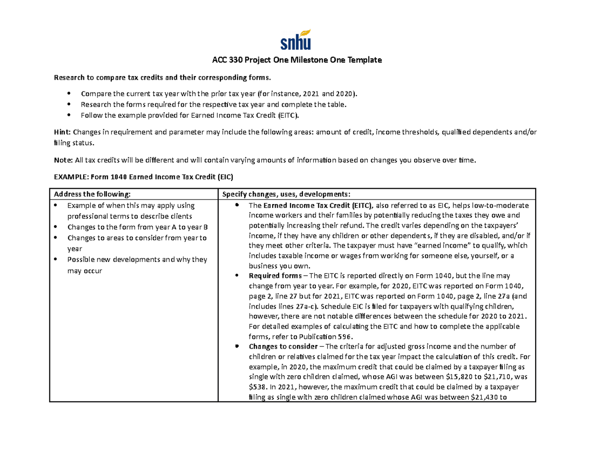 ACC 330 Project One Milestone One: Tax Credit Comparison Guide - Studocu