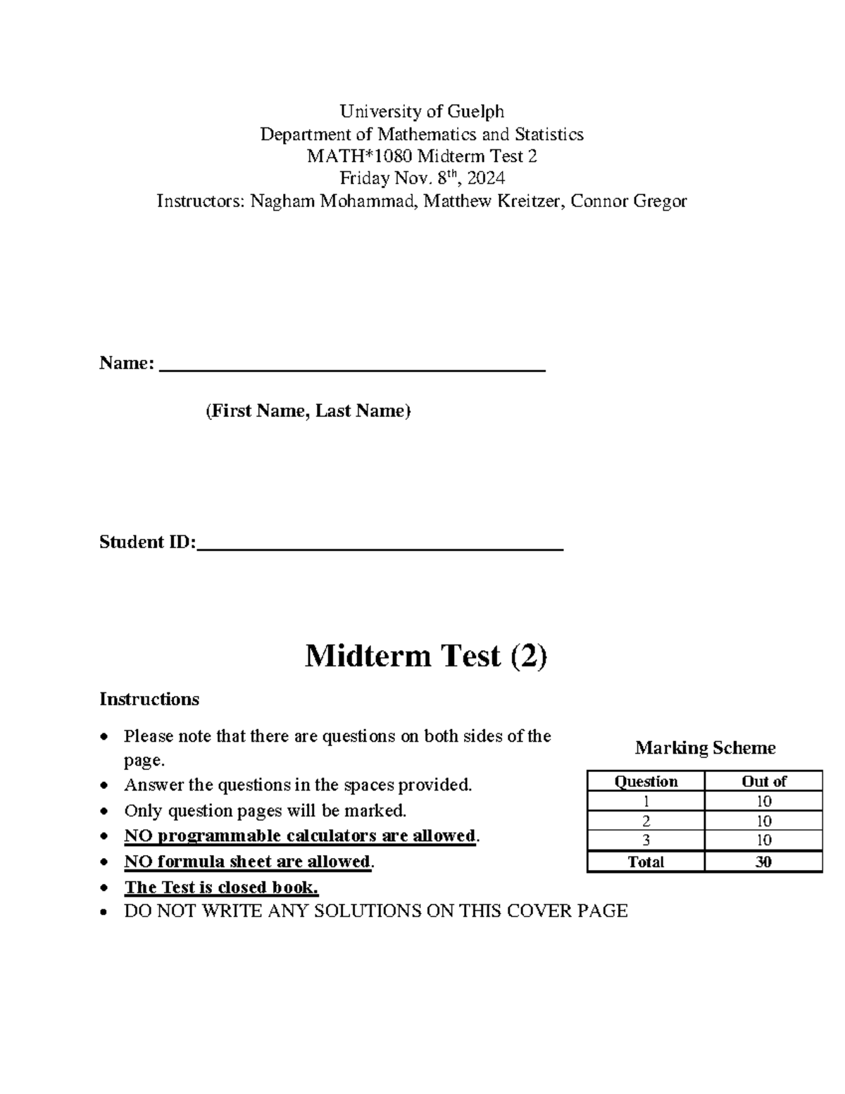 MATH*1080 Midterm Test II F24 - Questions & Solutions Guide - Studocu