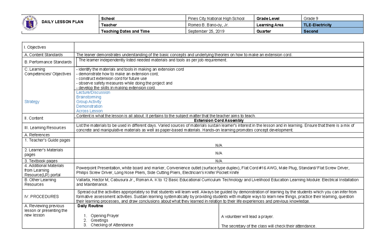 Grade 9 TLE Lesson Plan: Extension Cord Assembly and Skills Development - Studocu