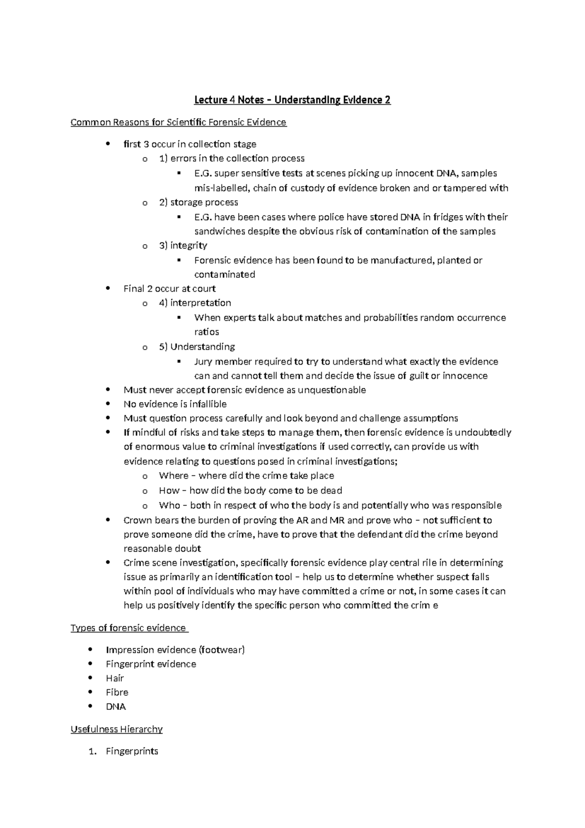 Lecture 4 Notes - Forensic Evidence & Its Legal Implications - Studocu