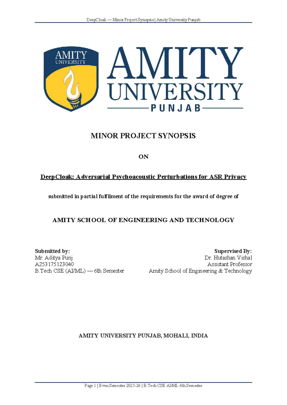 DeepCloak: Minor Project Synopsis for B.Tech CSE 6th Sem at Amity ...