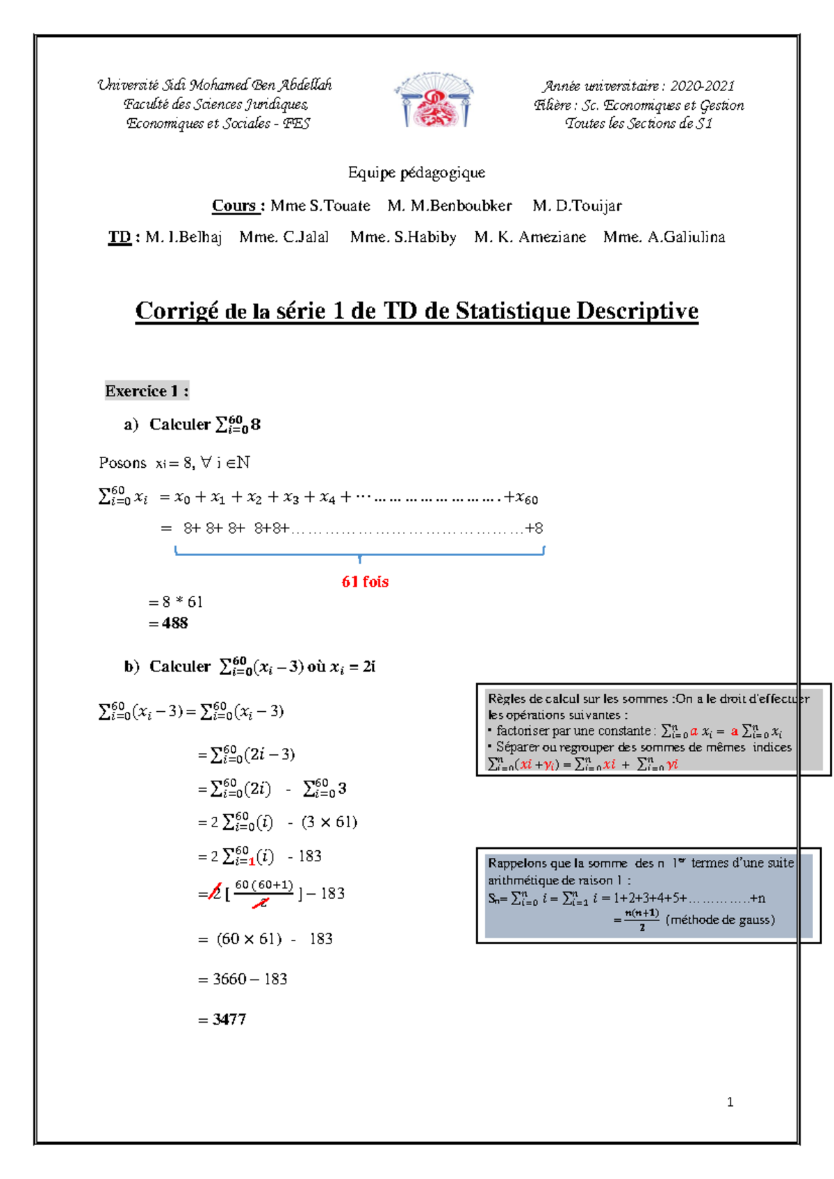 Corrigé TD1 - Statistique Descriptive (Sc. Éco. & Gestion) - Studocu