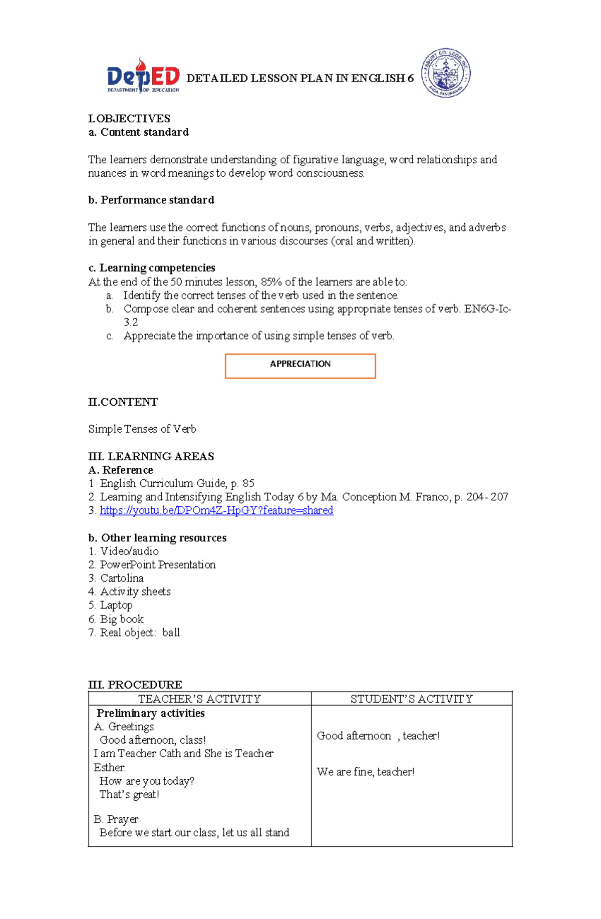 Final Lesson Plan: Understanding Simple Tenses of Verbs EN113601 - Studocu