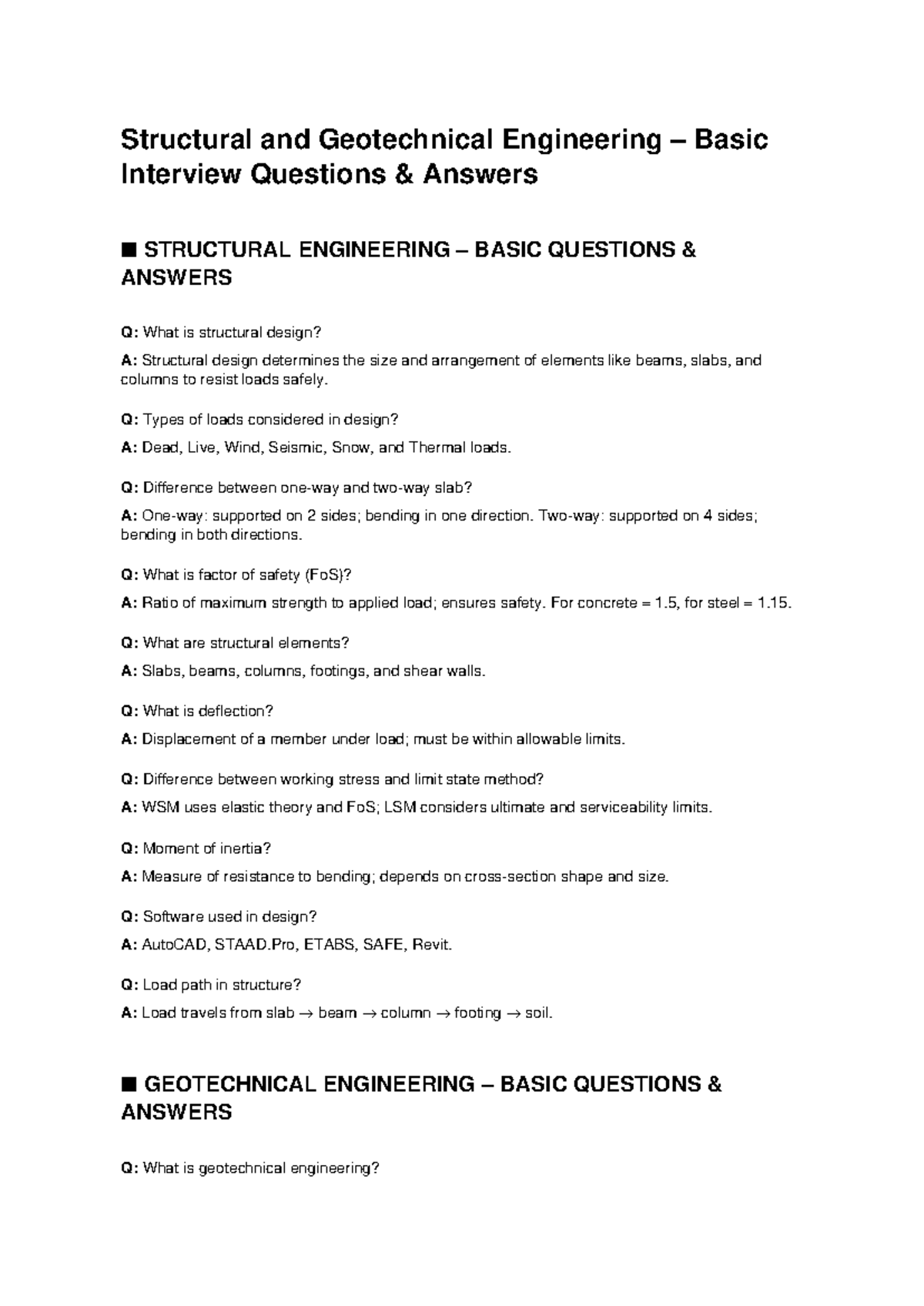Structural and Geotechnical Engineering Interview Q&A Guide - Studocu