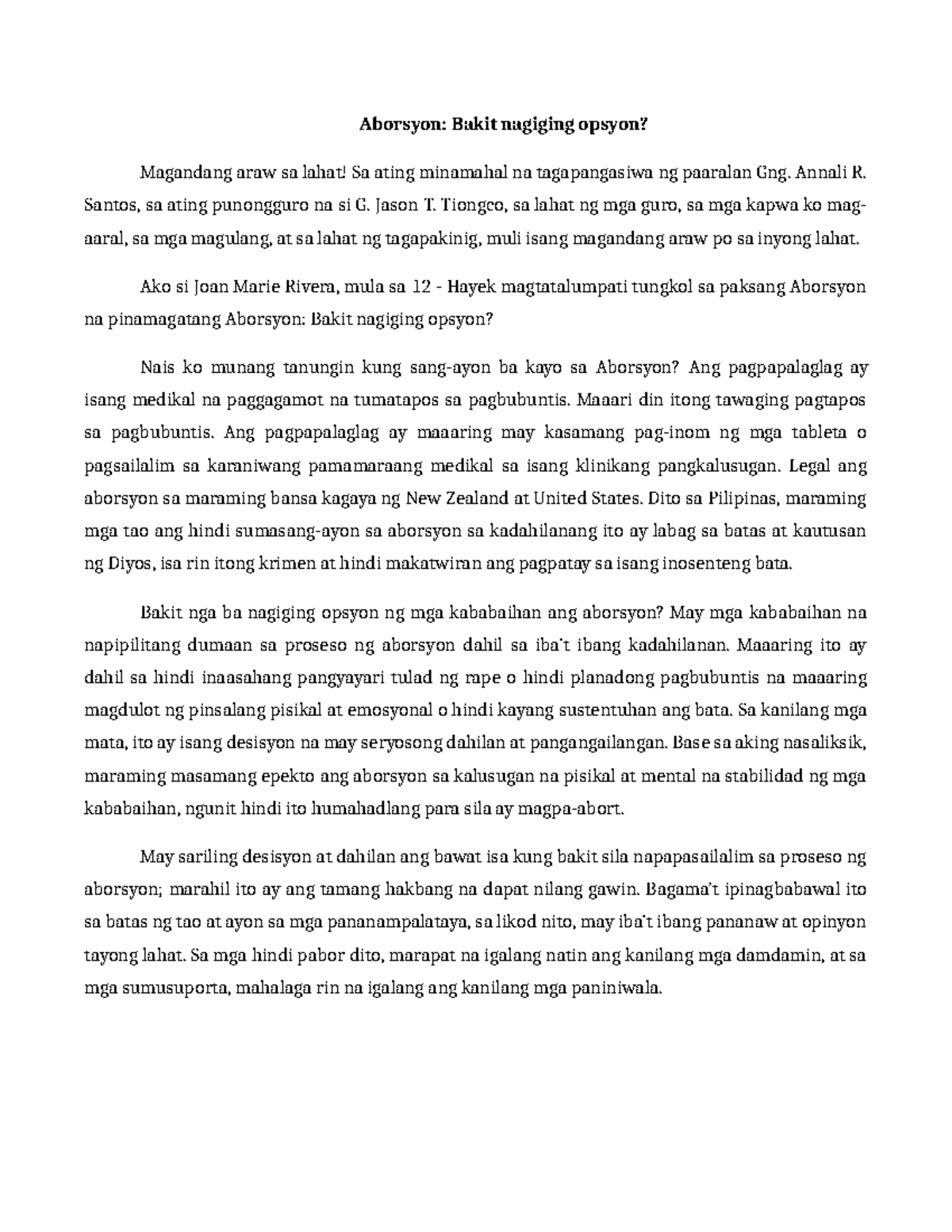12-Hayek Talumpati: Aborsyon - Bakit Nagiging Opsyon? - Studocu