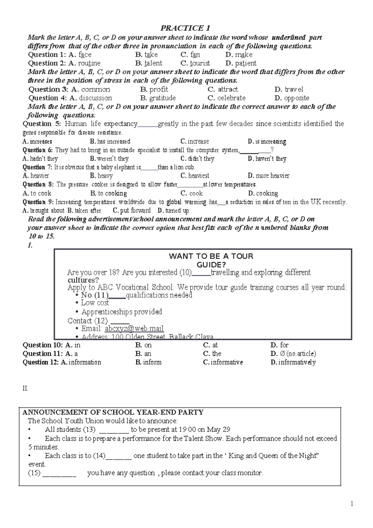 Practice 1 (HS) - Pronunciation and Grammar Exercises for English 11 ...