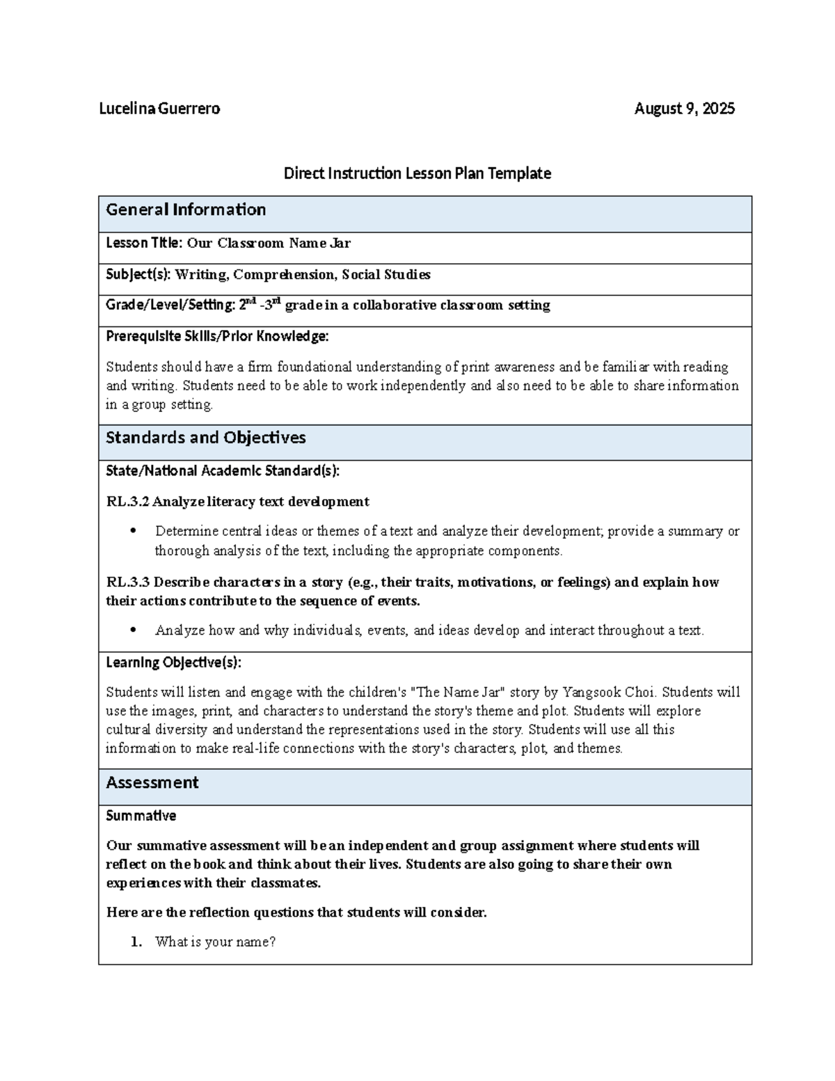 D688 Literature-Based Lesson Plan: Exploring Names in "The Name Jar ...