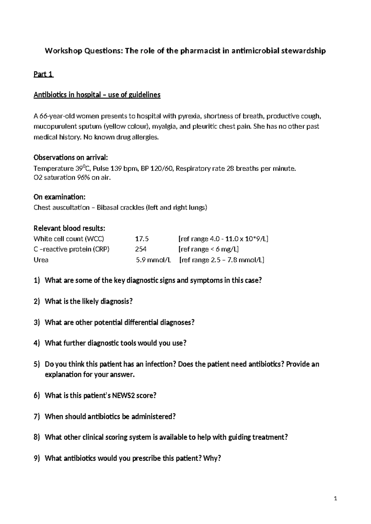 MP321 Antimicrobial Stewardship Workshop Questions 2025 - Studocu