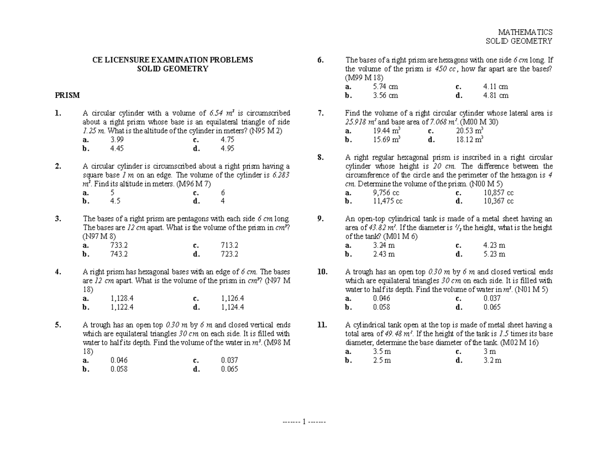 MATHEMATICS SOLID GEOMETRY PRACTICE PROBLEMS (M99 M 18) - Studocu