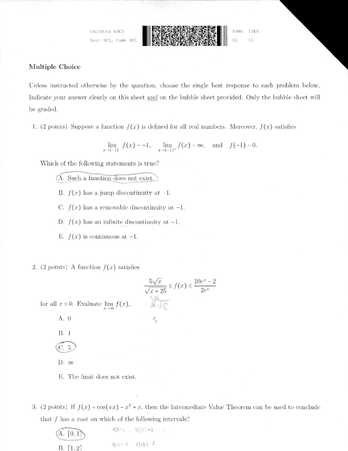 CALCULUS 0980 1300 Sect 001 - Midterm Exam Questions and Solutions ...