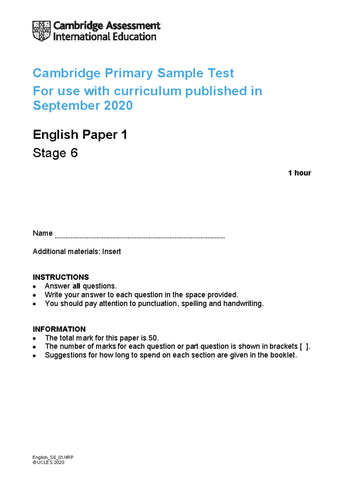 Cambridge Primary English Sample Test Notes - Stage 6 (2020) - Studocu