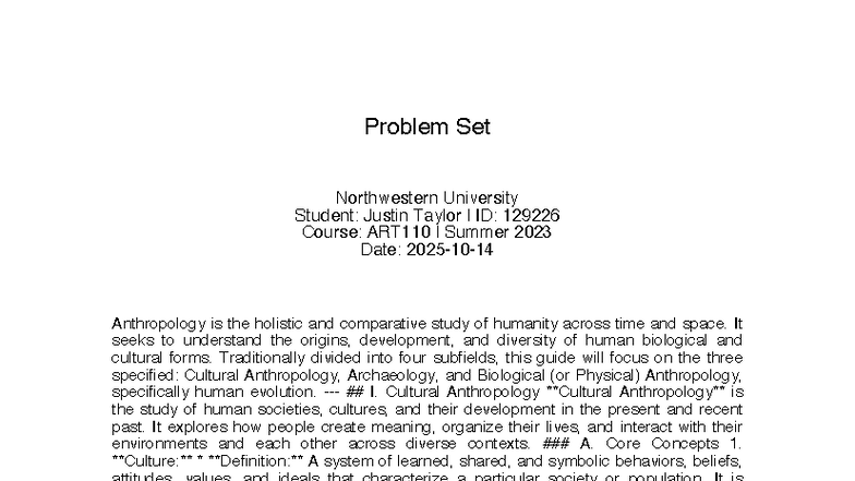 ART110 Summer 2023: Cultural Anthropology Problem Set Guide - Studocu