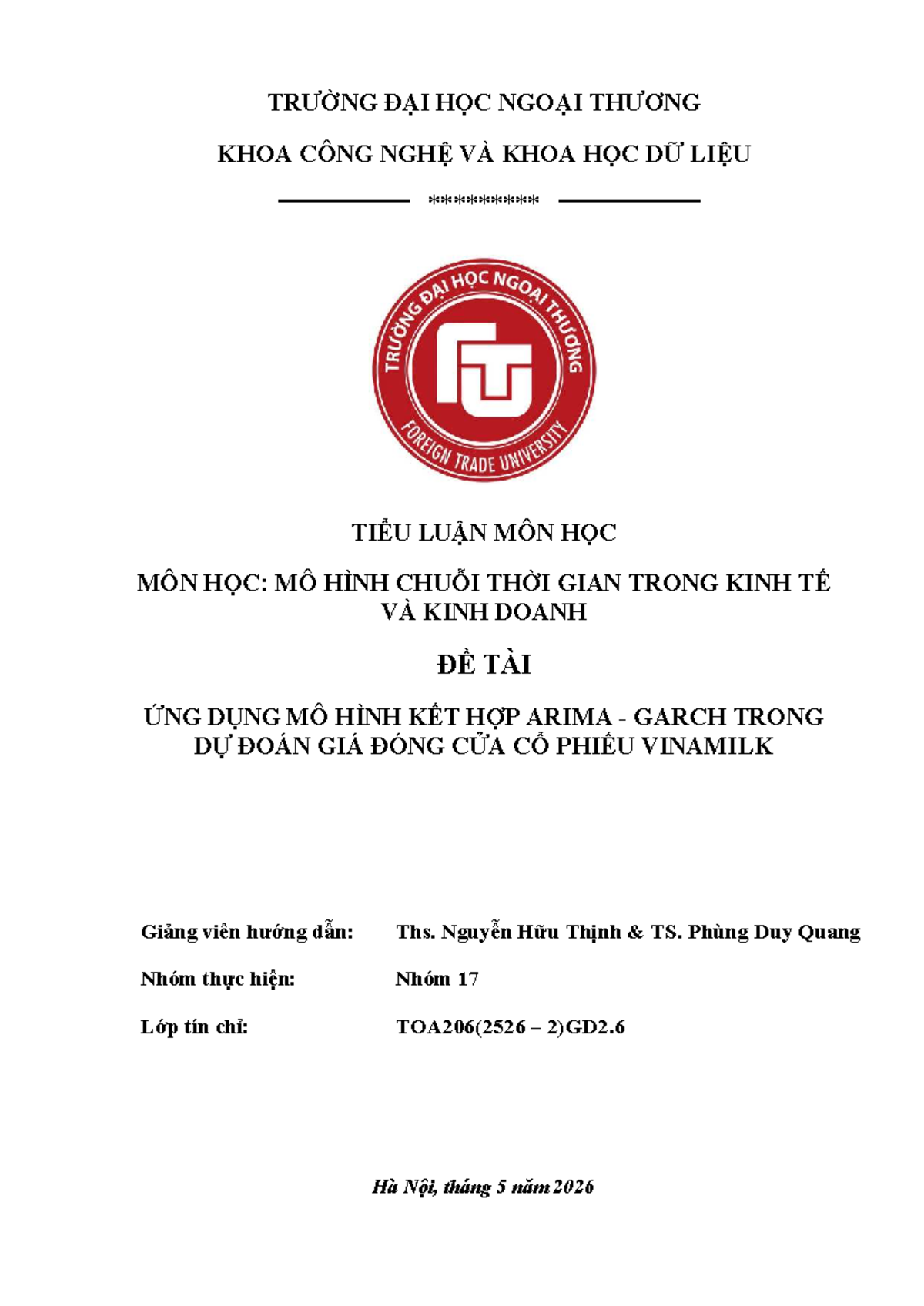 Tiểu Luận Môn Học: Ứng Dụng Mô Hình ARIMA-GARCH Dự Đoán Giá Cổ Phiếu ...