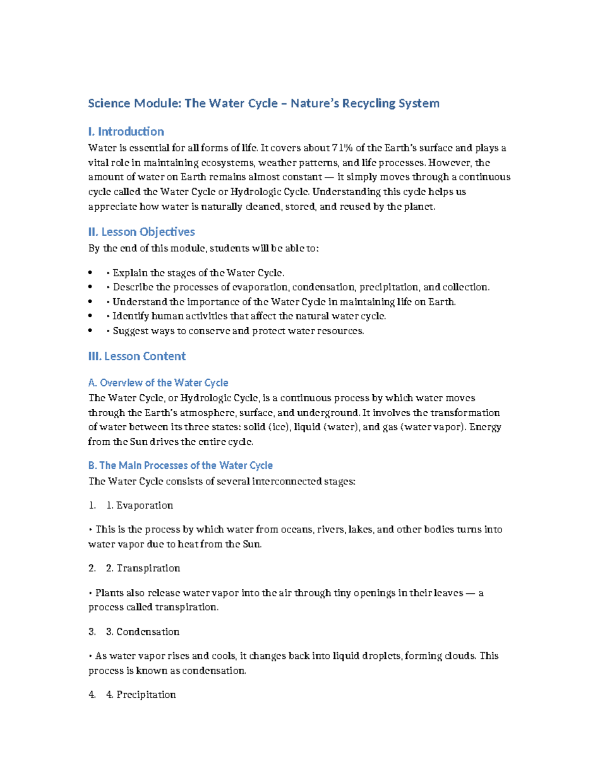 Science Module: The Water Cycle Overview and Conservation Strategies ...