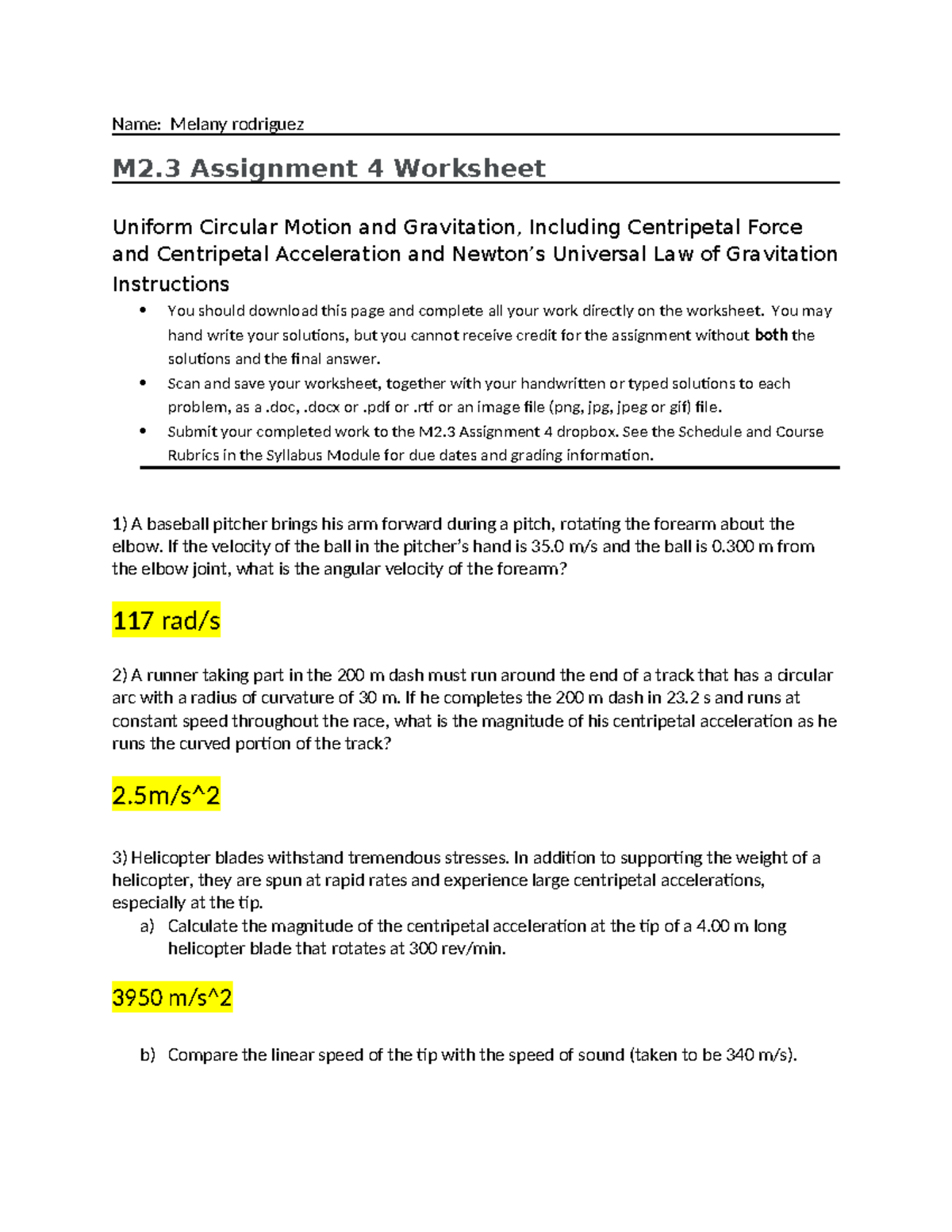 M2.3 Assignment 4: Worksheet on Uniform Circular Motion & Gravitation ...