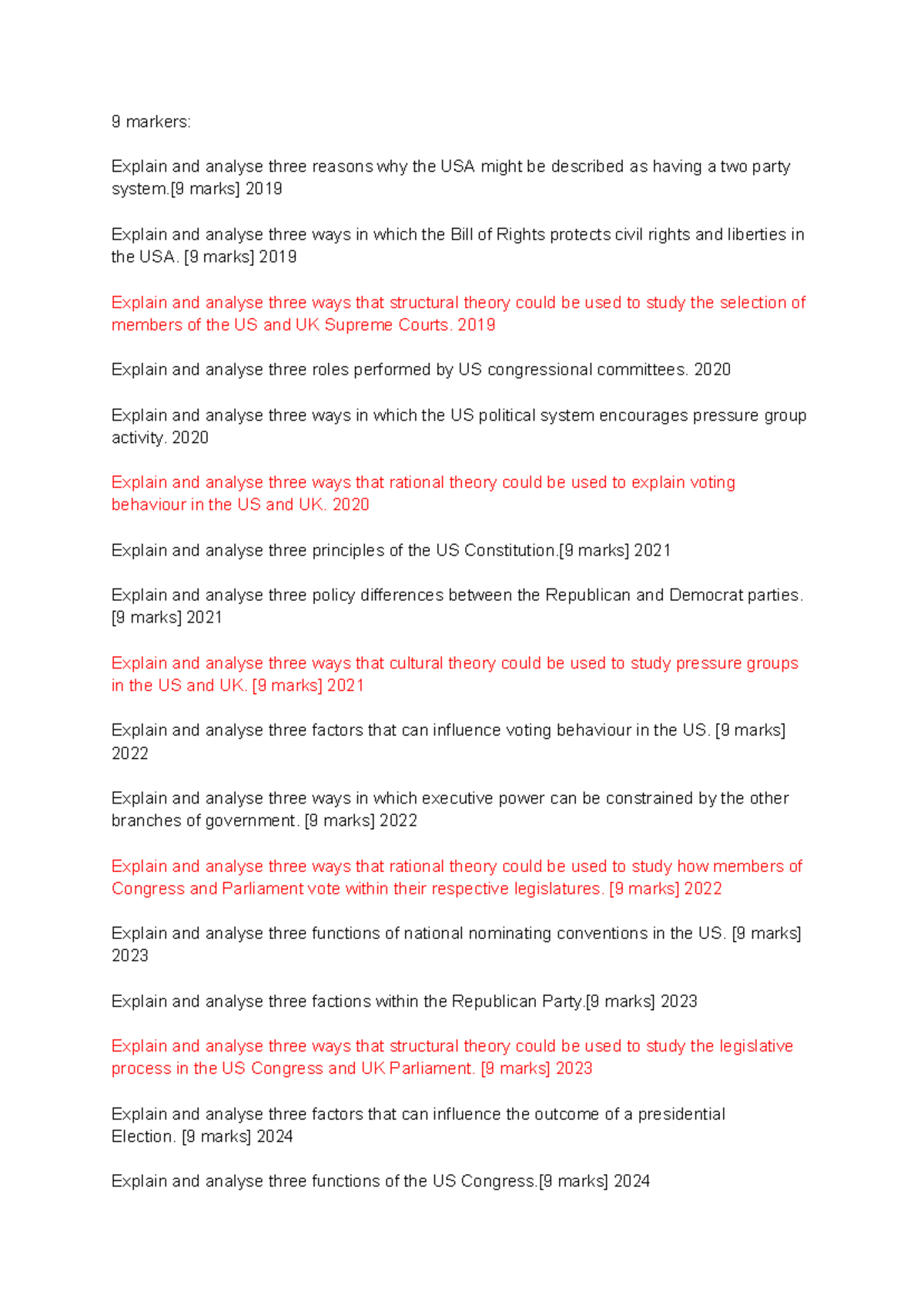 AQA Politics Past Questions: Analysis of US Political System (2019-2024 ...