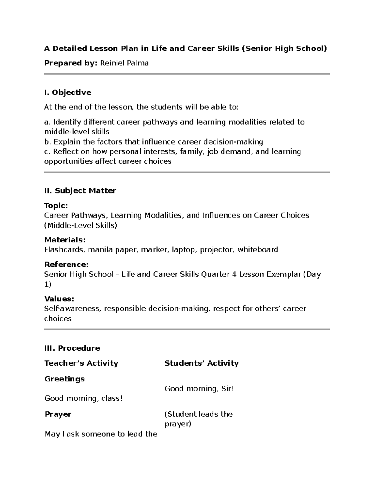 Lesson Plan: Life & Career Skills (SHS) - Career Pathways & Influences ...