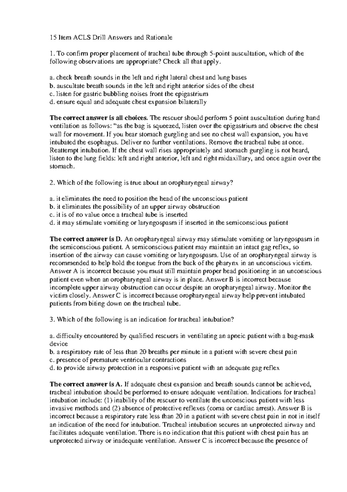 15 Item ACLS Drill Answers and Rationale - a. check breath sounds in ...