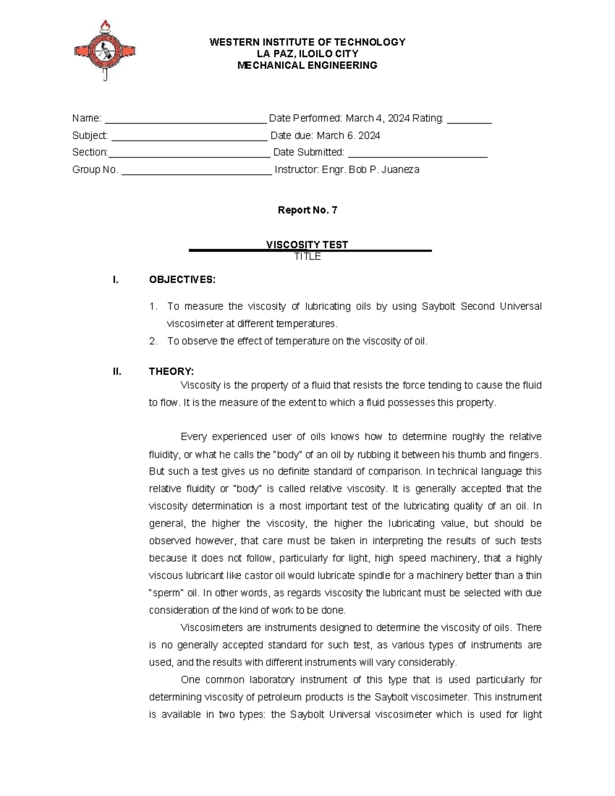 Report 7 Viscosity-TEST - LA PAZ, ILOILO CITY MECHANICAL ENGINEERING ...