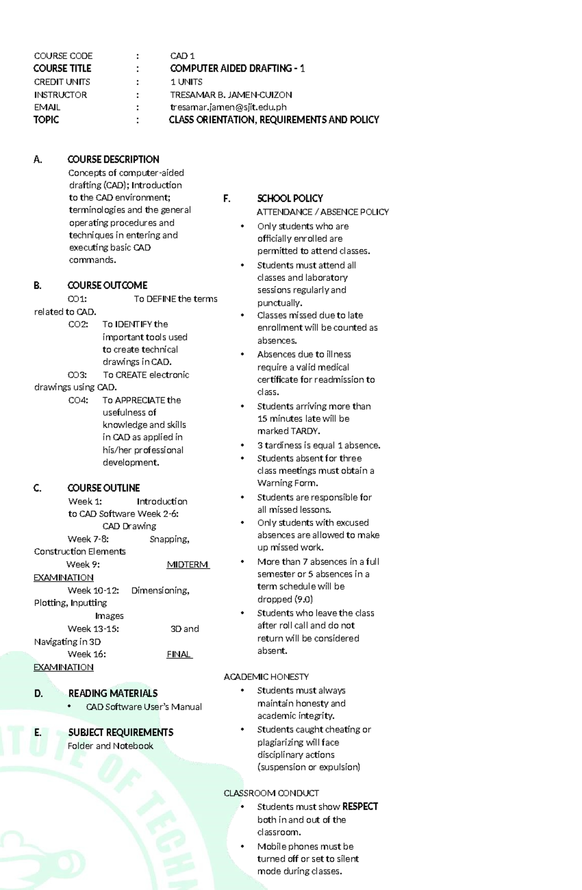 CAD 1 Course Orientation & Policies Handout for Engineering Students ...