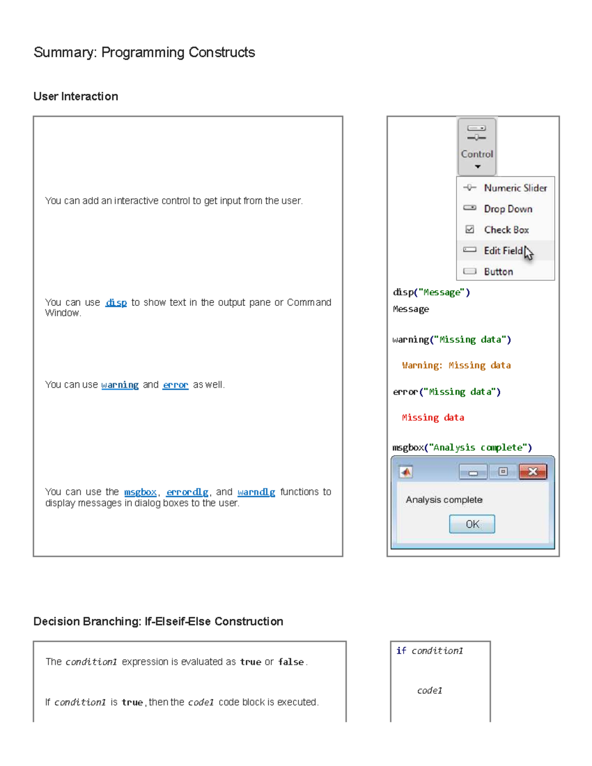 MATLAB Programming Constructs: User Interaction Summary - Studocu