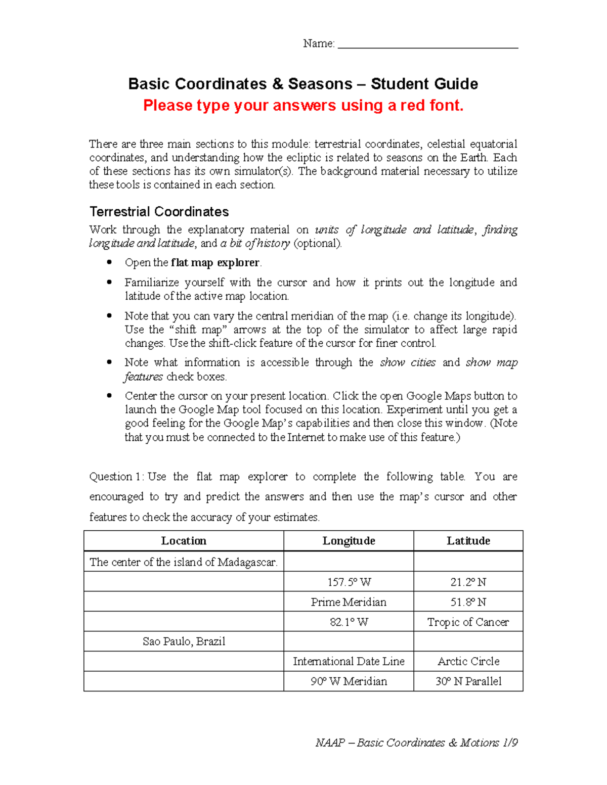 NAAP Lab: Student Guide to Basic Coordinates & Seasons - Studocu