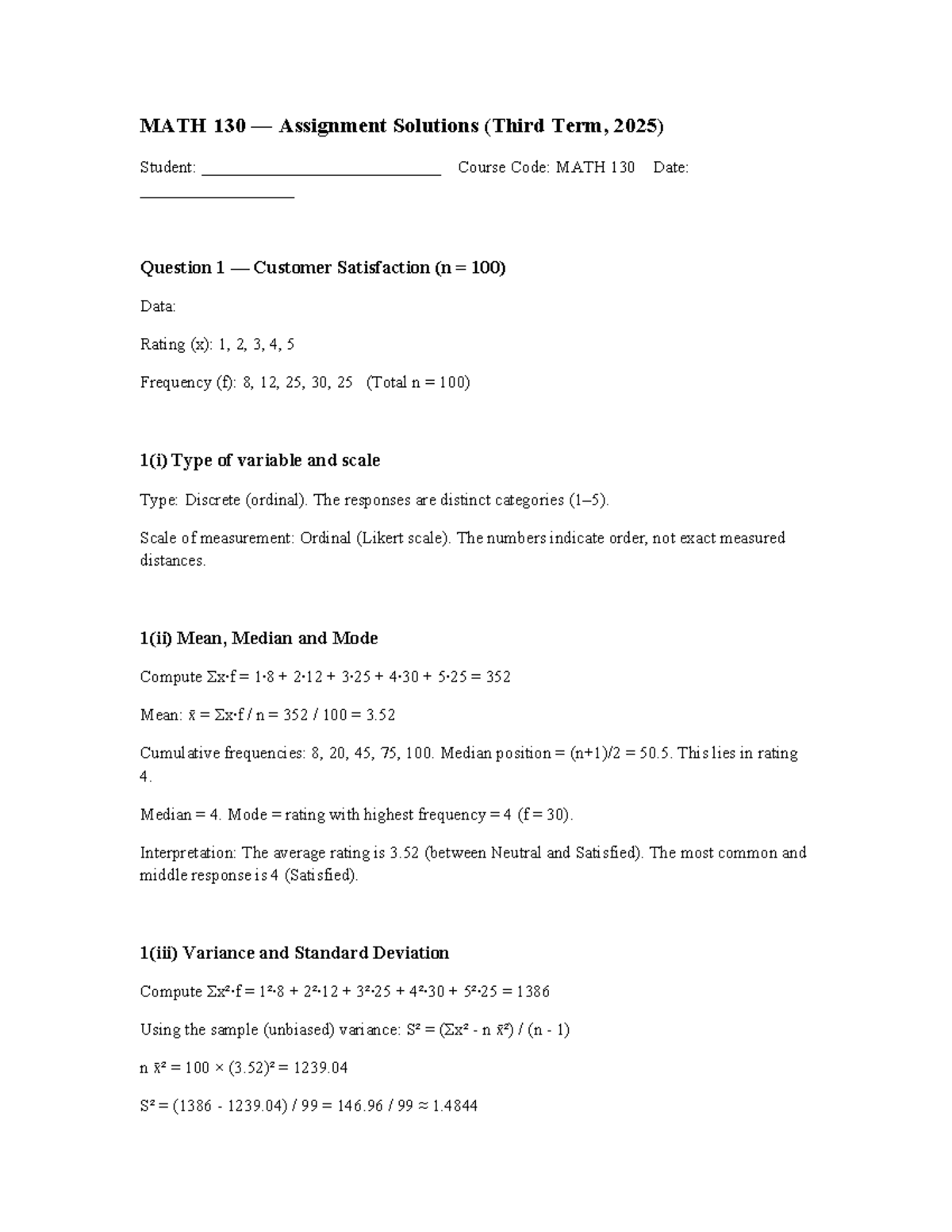 MATH 130 Assignment Solutions: Customer Satisfaction Analysis - Studocu
