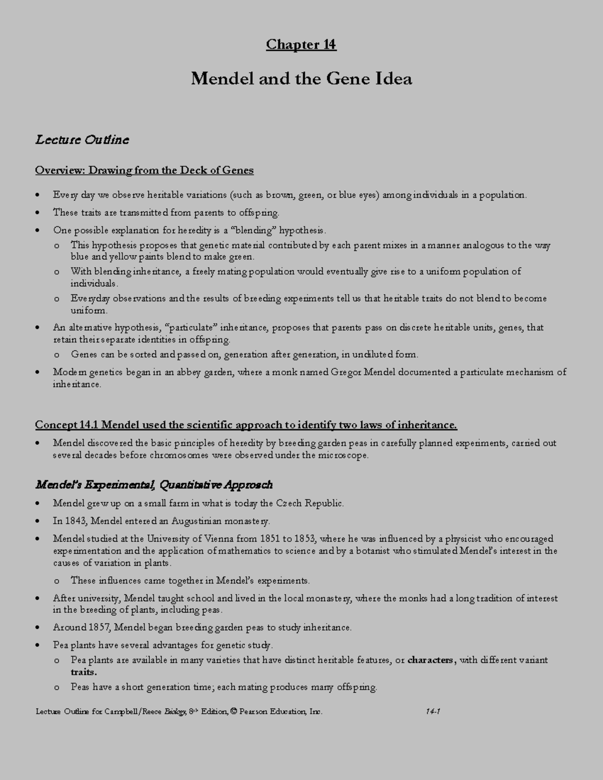 Mendel and the Gene Idea: Lecture Outline for Biology 8th Edition ...
