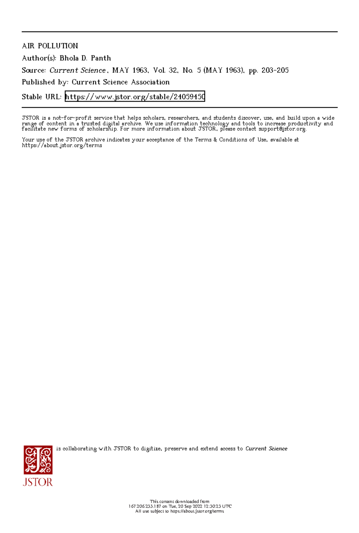 24059450 - .... - AIR POLLUTION Author(s): Bhola D. Panth Source ...
