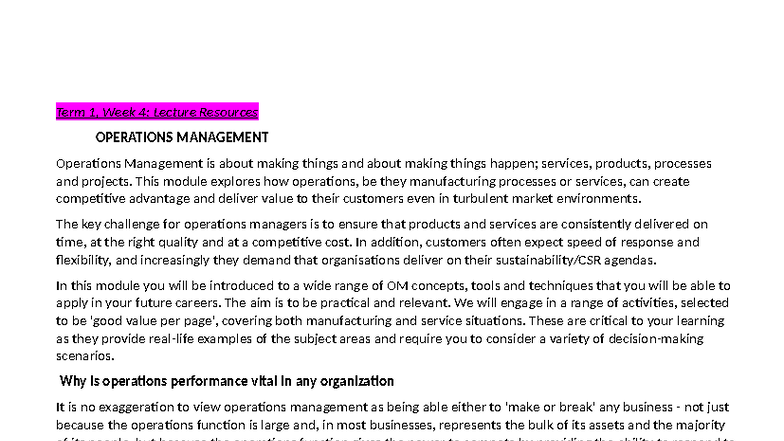 Operations Management: Week 4 Lecture Notes (Term 1) - Studocu