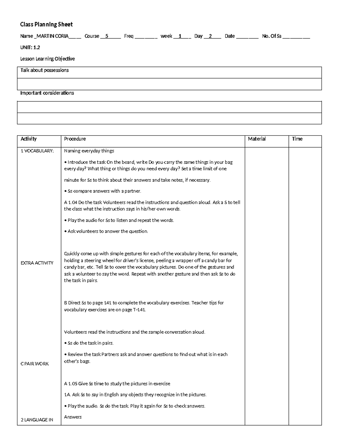Unit 1 - evolve unidad 1.2 - Class Planning Sheet Name MARTIN CORIA ...