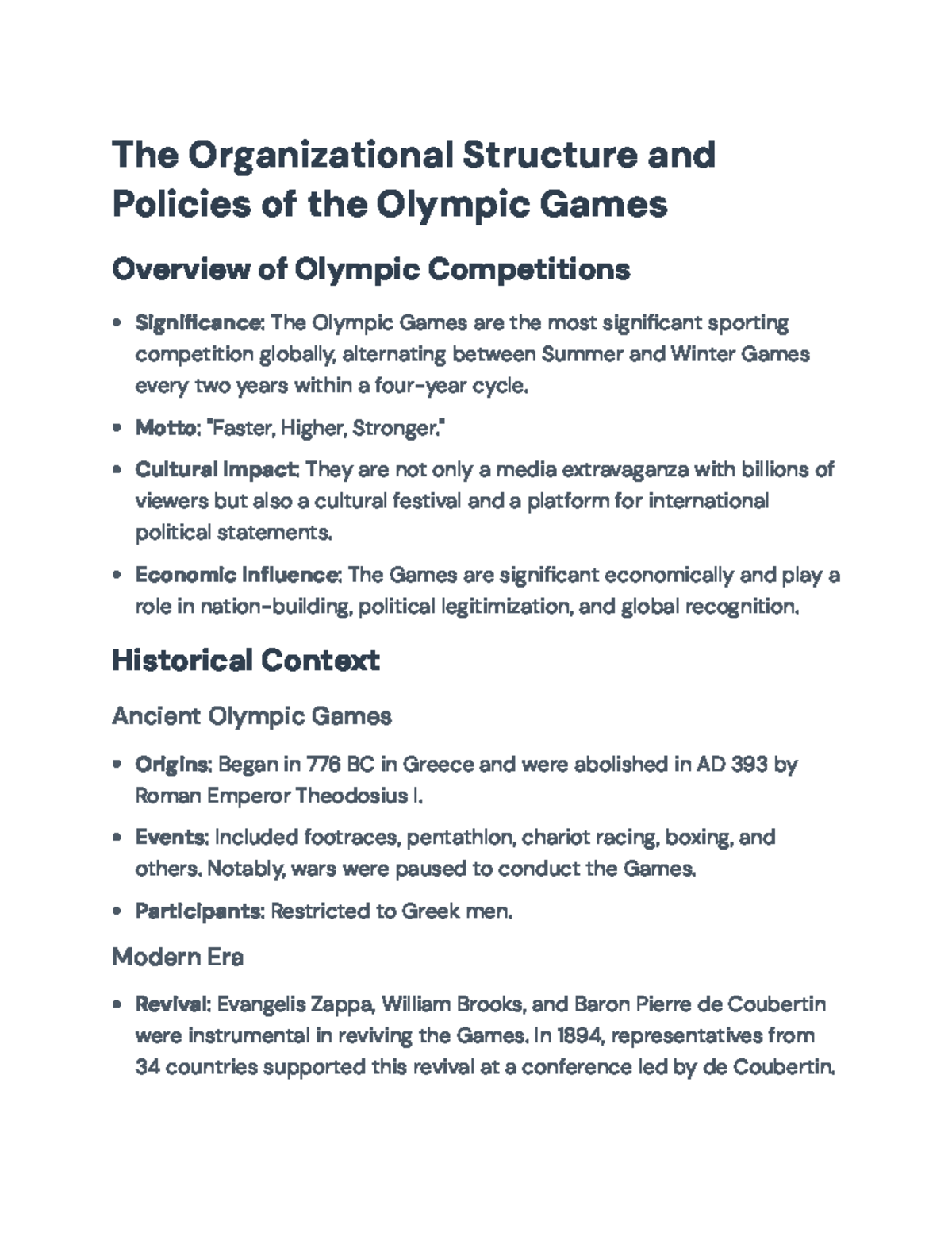 The Organizational Structure and Policies of the Olympic Games Overview ...