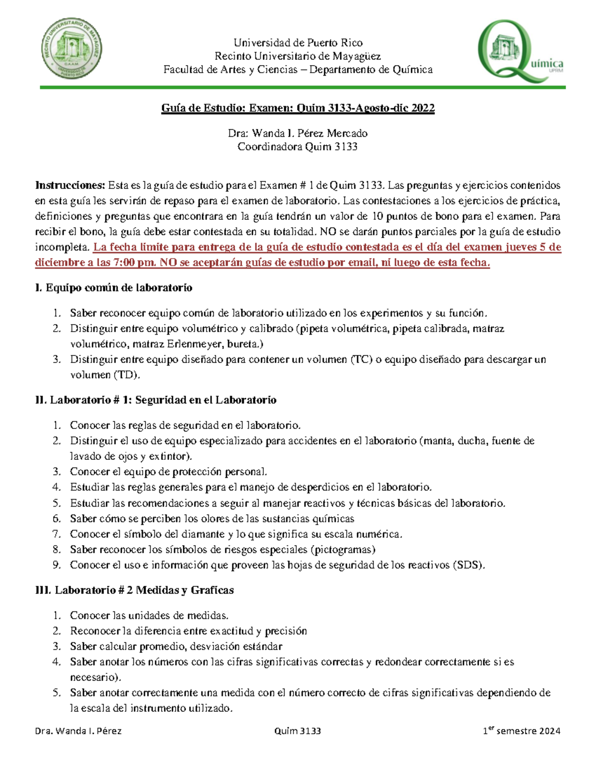 Guía de Estudio para el Examen Final de Química Quim 3133-1er Sem 2024 ...