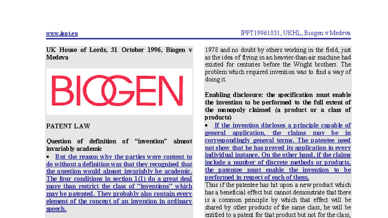 IPPT19961031 UKHL Biogen v Medeva: Patent Law Analysis and Rulings - Studocu