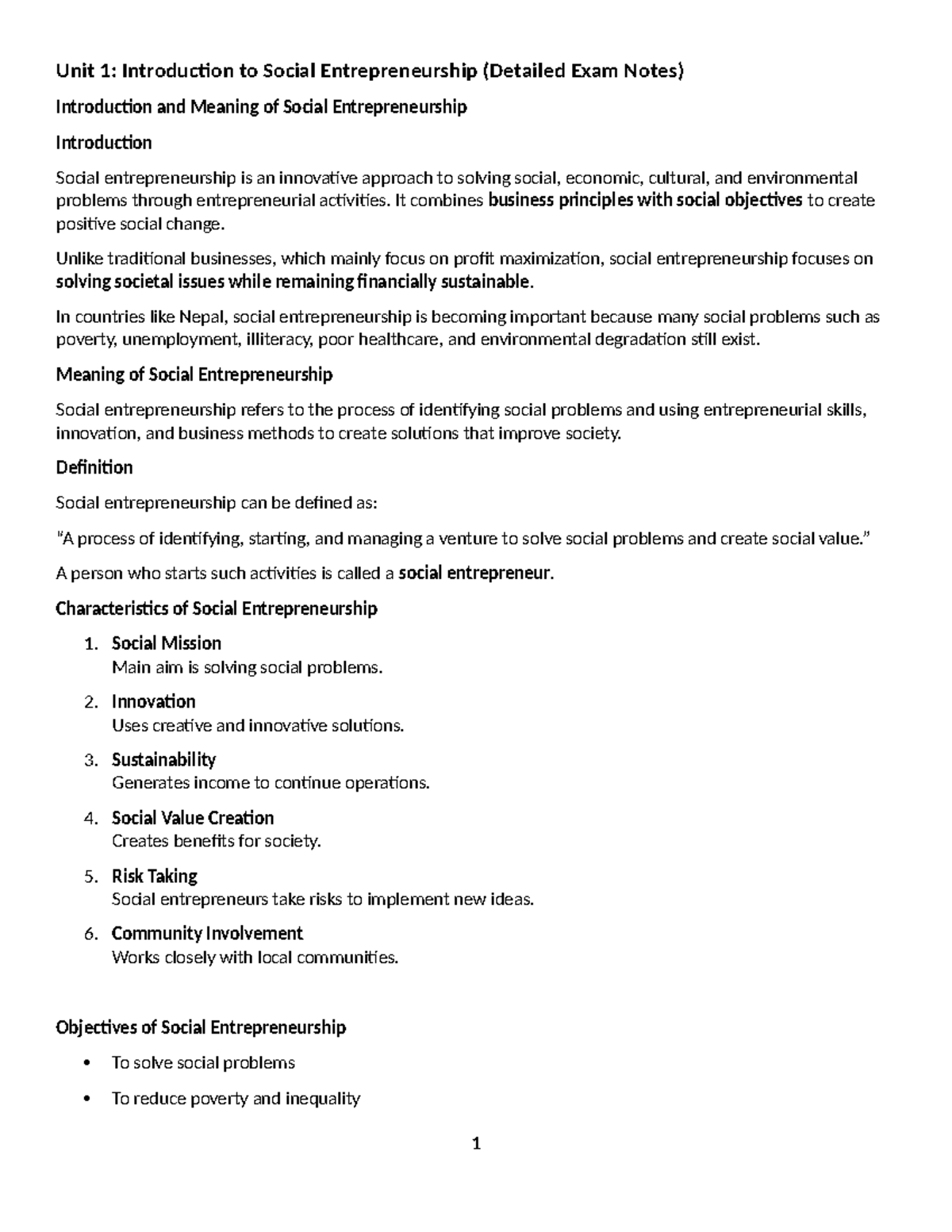 Unit 1: Intro to Social Entrepreneurship (Detailed Exam Notes) - Studocu