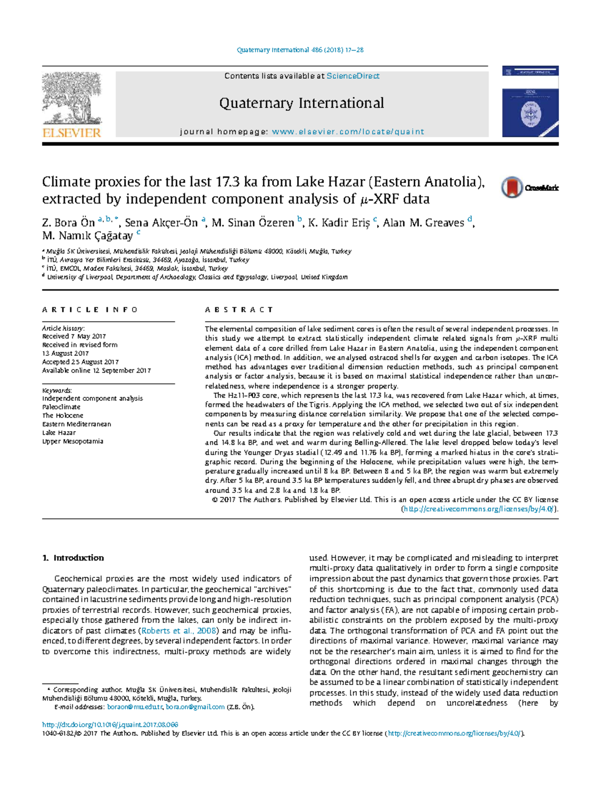Climate Proxies and Independent Component Analysis from Lake Hazar ...