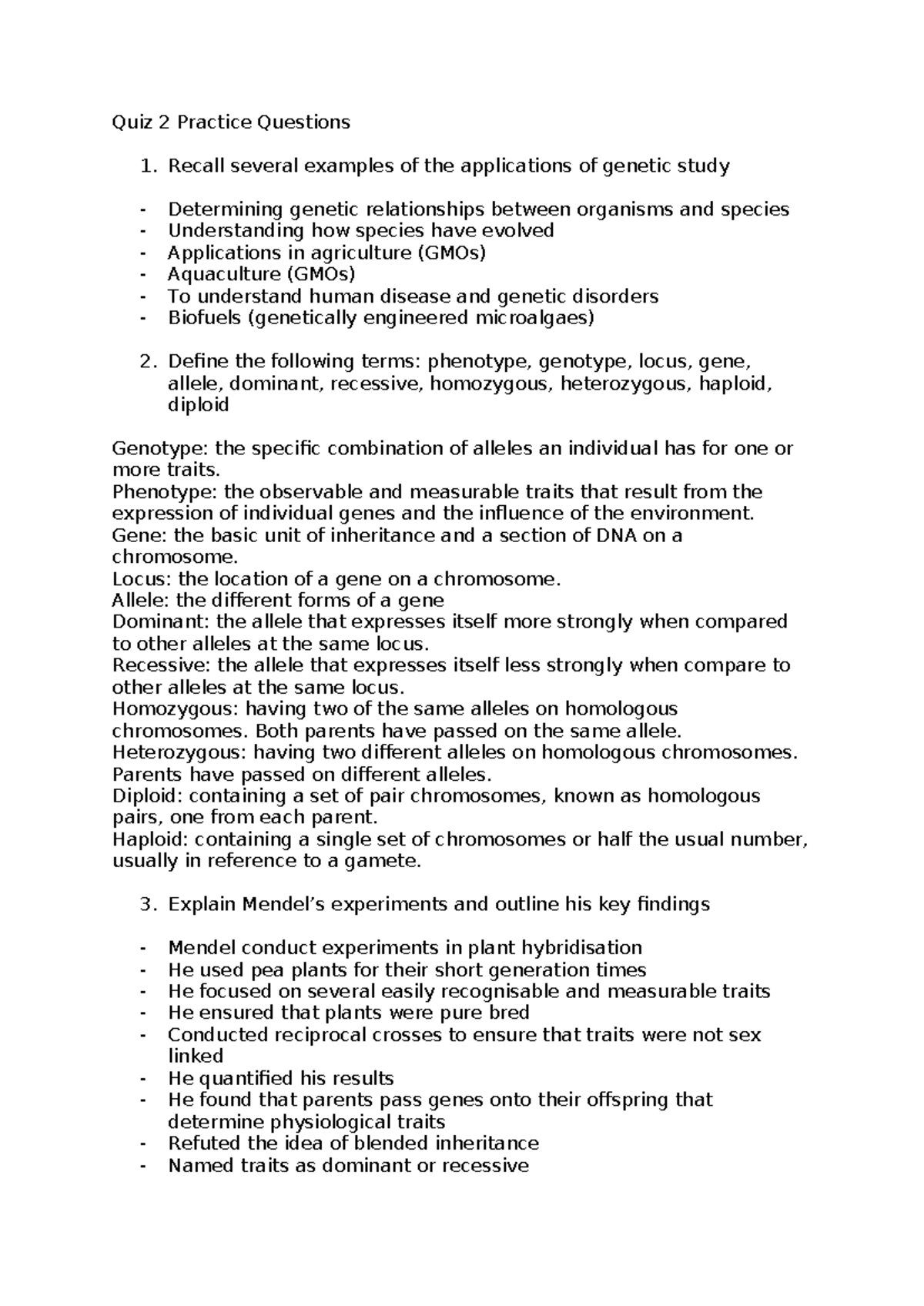 Quiz 2 Practice Questions on Genetics and Inheritance Concepts - Studocu