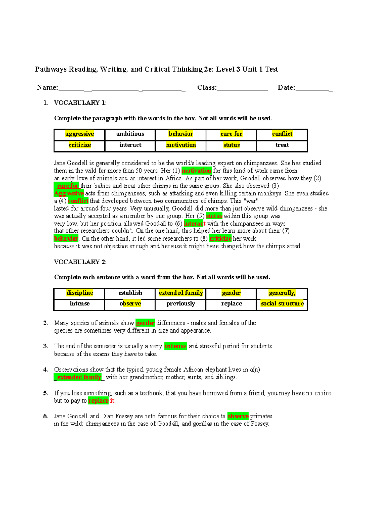 PW Unit 1 Test - Vocabulary, Reading Review, and Writing Skills - Studocu